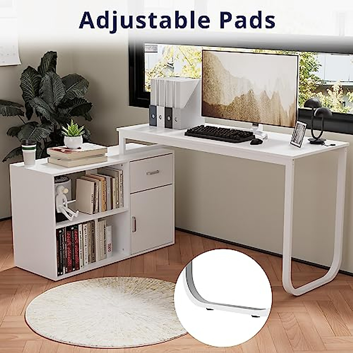 Cozy Castle L-Shaped Computer Desk, Home Office Desk, Corner Desk with Drawer and 2 Shelves, Study Writing Table with Storage Cabinet, Combination Computer Desk, White