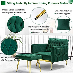 ACMEASE Velvet Accent Chair with Adjustable Armrests and Backrest, Button Tufted Lounge Chair, Single Recliner Armchair with Ottoman and Pillow for Living Room, Bedroom, Green