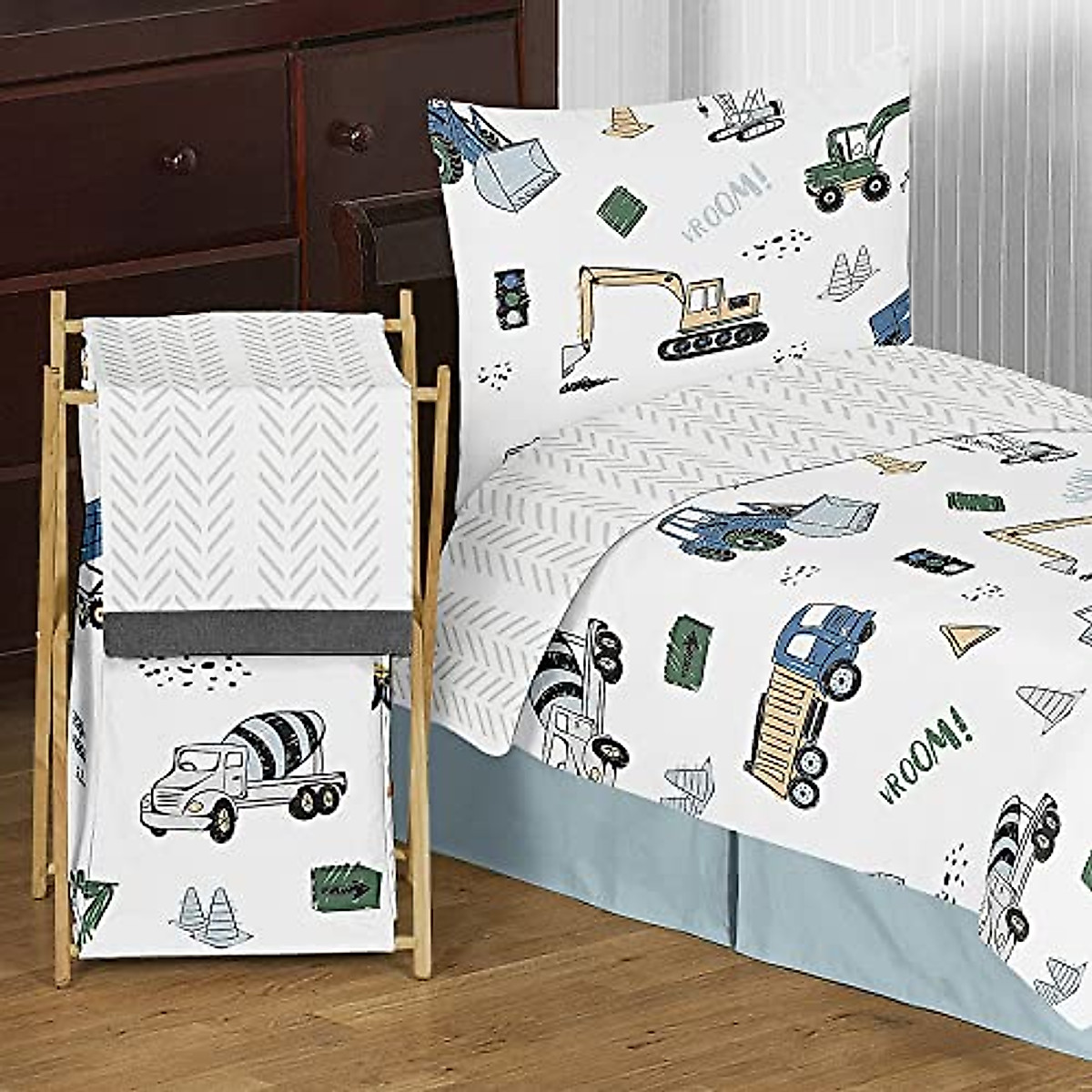 Sweet Jojo Designs Construction Truck Baby Kid Clothes Laundry Hamper - Grey Yellow Black Blue and Green Transportation Chevron Arrow