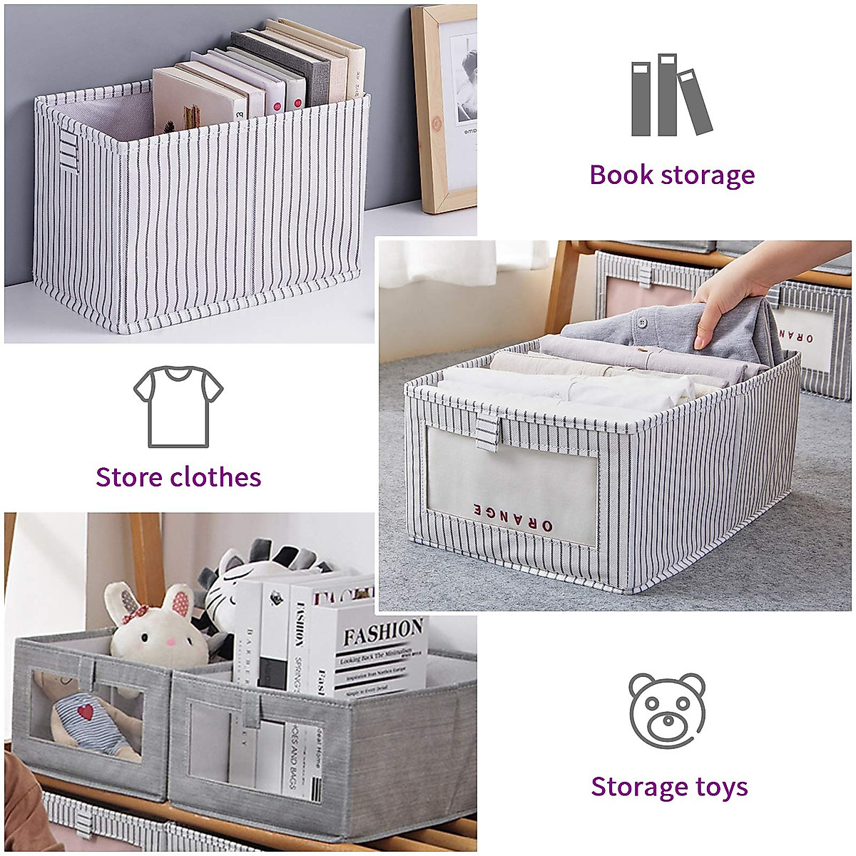 FITY Foldable fabric storage box,storing clothes,toys,books,office supplies,with transparent window,suitable for children's room,bedroom,closets,office storage cabinets,4 PCS (light gray) (Large)