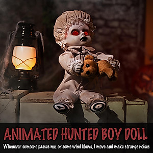 NEYEABL 10" Spirit Animatronic Ghost Boy Doll Halloween Decorations.-Sound Activated,Creepy Sound & Head & Hand Movements,Red Eyes Lit, Haunted House Holiday Props, Halloween Spooky Animations