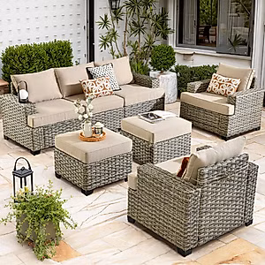 CAODOC Patio Furniture Sets 7 Pieces Outdoor Sectional Rattan Sofa Manual Weaving Wicker Patio Conversation Set with Ottomans and T Cushion(Beige)