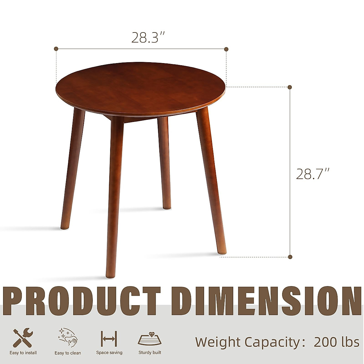 28.3" Small Round Dining Table for 2, Wooden Space-Saving Kitchen Dinner Table Rustic Wood Dining Table Mid Century Modern Kitchen Table (Brown)