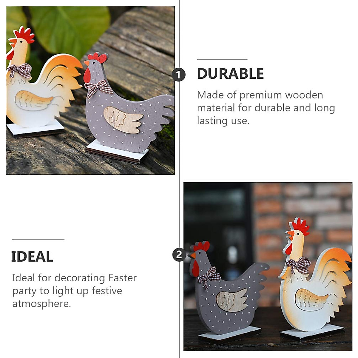 NUOBESTY Rustic Wood Chicken,2 Pcs Tabletop Decor Carved Chicken Statue Home Decor Rooster Cock Hen Animal Sculpture Easter Garden Ornament Decorations