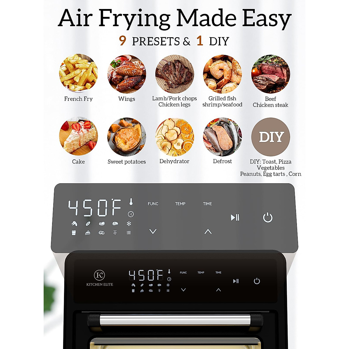 Kitchen Elite Air Fryer Toaster Oven Combo, 12.6 QT Stainless Steel Airfryer 10 in 1, Convection Oven Countertop 450°F, Non-Toxic for Bake, Roast, Reheat, Broiler, Dehydrate with Digital Touch Screen