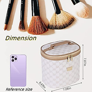 UMUMPINGG Makeup Bag for Women Faux Leather Round Make up Bags Organizer Perfumes Nail Polish Organizer,Make up Brushes Bag Case Storage for Girl Friend Gift White