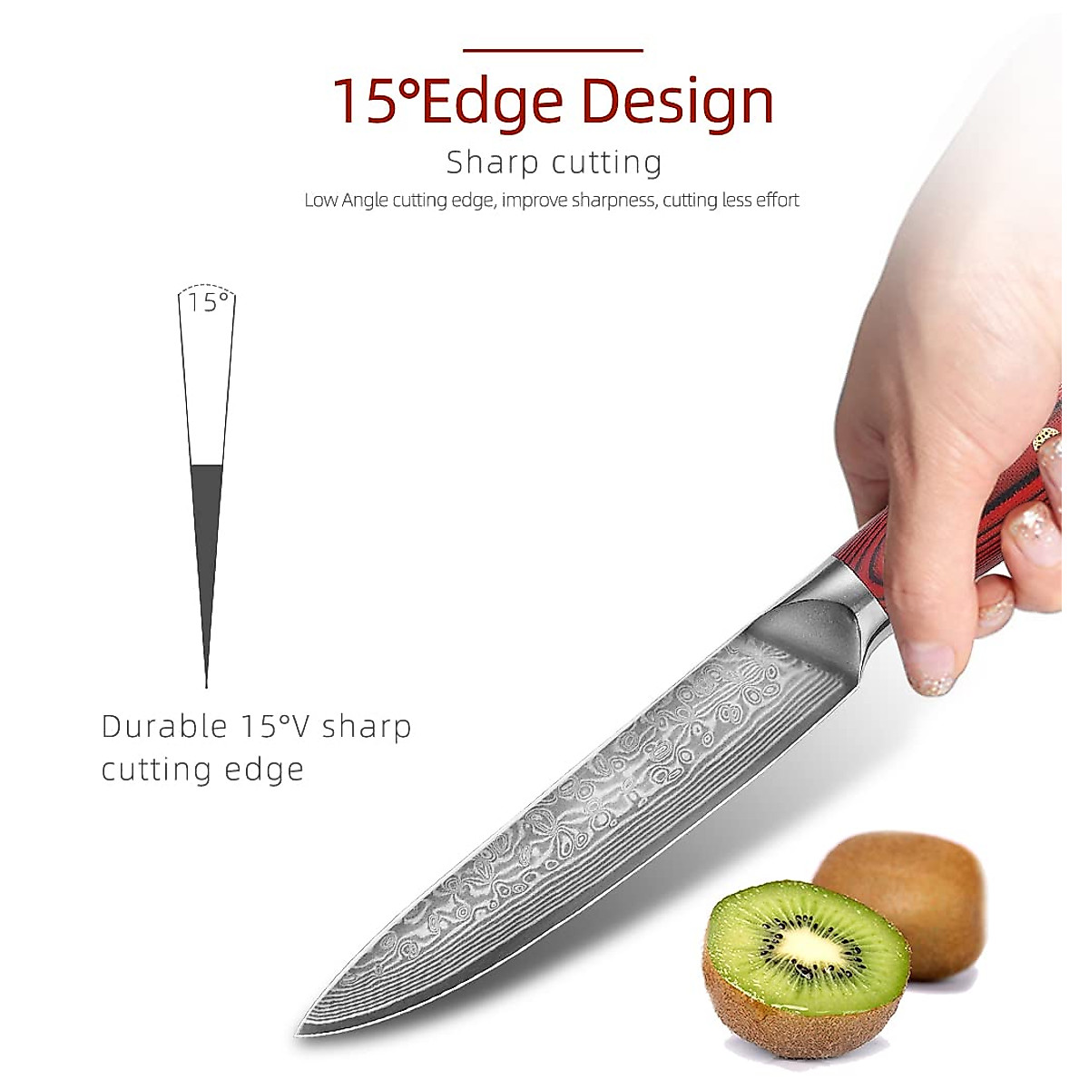 Damascus Knife 5 Inch, Damascus Kitchen Utility Knife 5 Inch, Damascus Chef Knife 5 Inch,Japanese VG10 edge, Red G10 Handle with Triple Rivets for Vegetables and Fruits in Gift Box