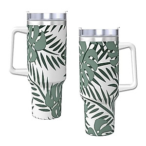 Xiexide 40oz Rustproof Outdoor Green Botanical Palms Leaves Double Walled Vacuum Insulatedith Handle And Straw,Hot & Cold Drinks