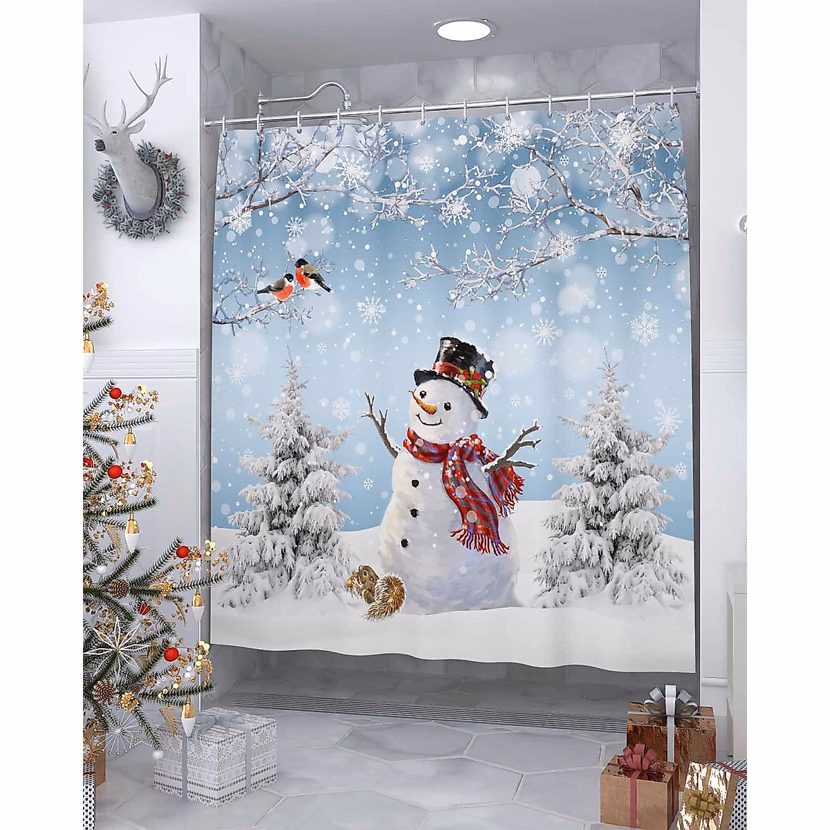 BEMIGO Christmas Tree Snowman Shower Curtains for Bathroom, Xmas Tree Farmhouse Fabric Waterproof Shower Curtain Set with Hooks, Christmas Vacation Decorations Bathroom Accessories 72x72inch