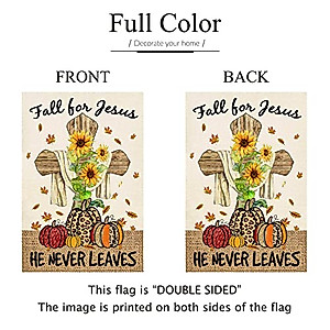 ORTIGIA Fall for Jesus Pumpkin Garden Flag He Never Leaves Christian Cross with Sunflowers Flag Vertical Double Sided Autumn Thanksgiving Harvest Farmhouse Seasonal Holiday Yard Décor 12x18inch