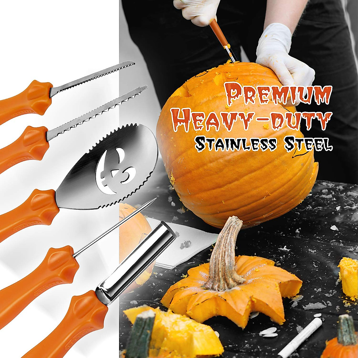 ILEBYGO Pumpkin Carving Kit,11 Pcs Stainless Steel Professional Halloween Pumpkin Carving Tools, Pumpkin Carving Set with a Skull Storage Carrying Bucket