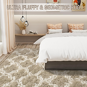 LOCHAS Luxury Shag Area Rug 5x8 Feet Geometric Plush Fluffy Rugs, Extra Soft Carpet Moroccan Rugs for Bedroom Living Room Dorm Kids, High Pile Shaggy Floor Rug Decor, Beige and White