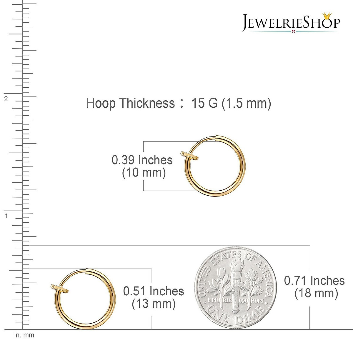 JewelrieShop Retractable Earrings Fake Hoop Fake Nose Ring Non Pierced Earrings Fake Cartilage Piercing Clip on Nose Ring for Women (Gold, 1 Pair)