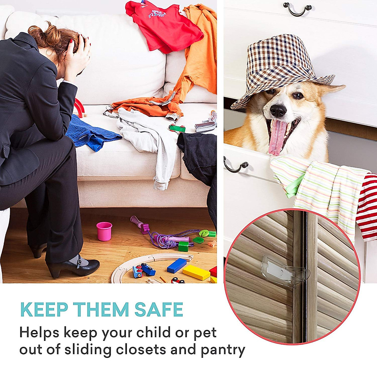 Child Lock for Sliding Closet Doors - 3M Tape Easy Install, 4 Pack, Clear