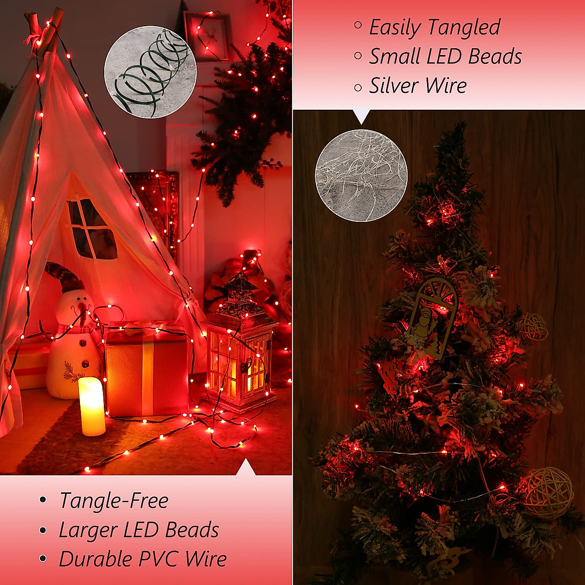 Joomer Red Christmas Lights, 66ft 200 LED String Lights 8 Modes Plugin Timer Indoor Outdoor Fairy Twinkle Lights for Home,Garden,Trees, Christmas Decorations