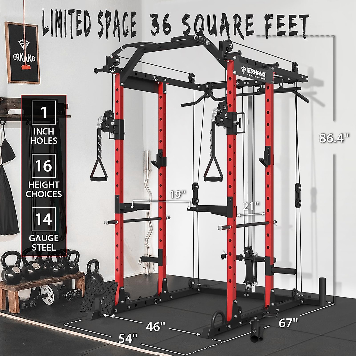 ER KANG Strength Trainer Home Gym Equipment Set, Power Rack with Cable Crossover System, 230LBS Weight Plates, Red Barbell, Red Weight Bench