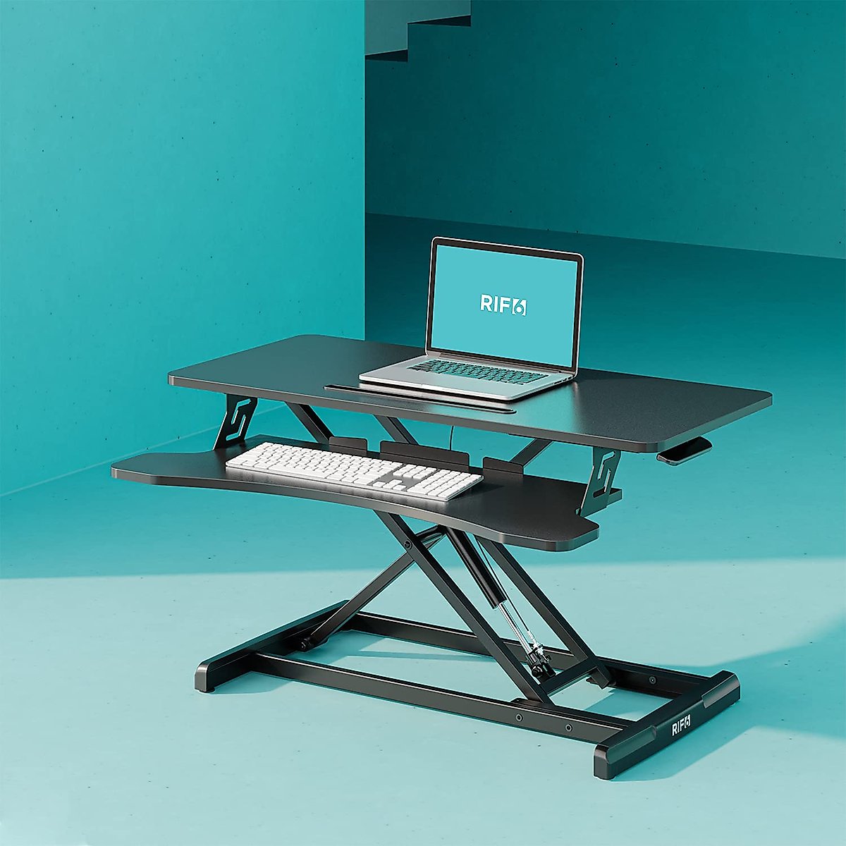 RIF6 34 Inch Convertible Standing Desk – Desk Riser with Customizable Height Settings – Sit to Stand with Spring Assisted Handle – Comes with Tablet and Phone Holder – Black