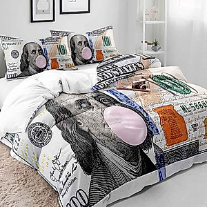 VIVIHOME 3PCS Luxury Funny Money Duvet Cover Full, Cute Benjamin Franklin Wink Pink Bubble Gum One Hundred Dollar Bill Cash 100 Dollar Bill Comforter Bedspread Quilt Cover, Gag Gifts, 2 Pillow Shams