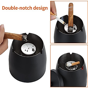 Outdoor Cigarette Ashtray with Lid Smokeless Stainless Steel Ash Trays Covered Windproof Smell Proof Ashtrays for Outside Patio (Black, Large, Pack of 2)