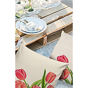 Outdoor Pillow Covers Waterproof, Spring Tulip Throw Pillowcase Decorative Cover, Farmhouse Beautiful Bright Red Floral Garden Cushion Case Set of 2 for Sofa, Couch, Tent, Patio 18"x18"