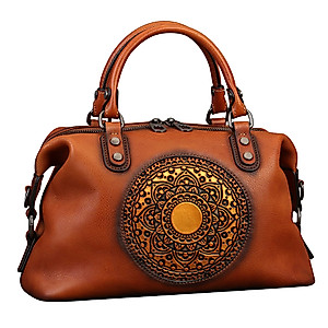 Leather Handbag for Women, Genuine Leather Purses Retro Mandela Crossbody Handbag Tote Bag (Retro Brown)