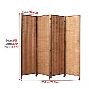 Bamboo Room Divider 4 Panel, Freestanding & Folding Privacy Screen with Swivel Casters, Office Weave Fiber Partition Wall Panels (Color : Brown, Size : Tall 170cm/67 in)
