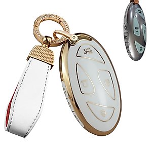 SANRILY Golden-Edge 7 Button Key Fob Cover for Hyundai ioniq 6 2023 Smart Key Keyless Full Coverd Key Case Shell with Bling Leather Keychain Beige