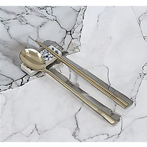 Korean Chopsticks Spoon 2 Set - METAL STAINLESS STEEL Titanium Plating -Printed Hangul Characters (Bamboo-Gold 1set)