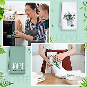 Bencailor 4 Pieces Eucalyptus Kitchen Towels 16 x 24 Inch Green Dish Towels Greenery House Hand Towels Absorbent Soft Microfiber Tea Towels for Home Wedding Kitchen Drying Towel