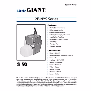 Little Giant 2E-NYS 115 Volt, 1/40 HP, 300 GPH, Cast Aluminum Submersible Parts Washer Pump for Unheated Stoddard Solvent or Deodorized Kerosene with 6-Ft. Power Cord (Plug-less), Grey, 502020