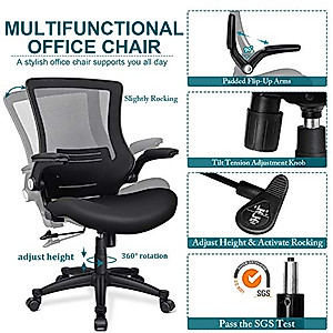Funria Mesh Desk Chair with Wheels Black Mesh Office Chair with Flip Up Arms Mesh Back Home Office Desk Chair with Good Lumbar Support Height Adjustable Office Task Chairs Clearance
