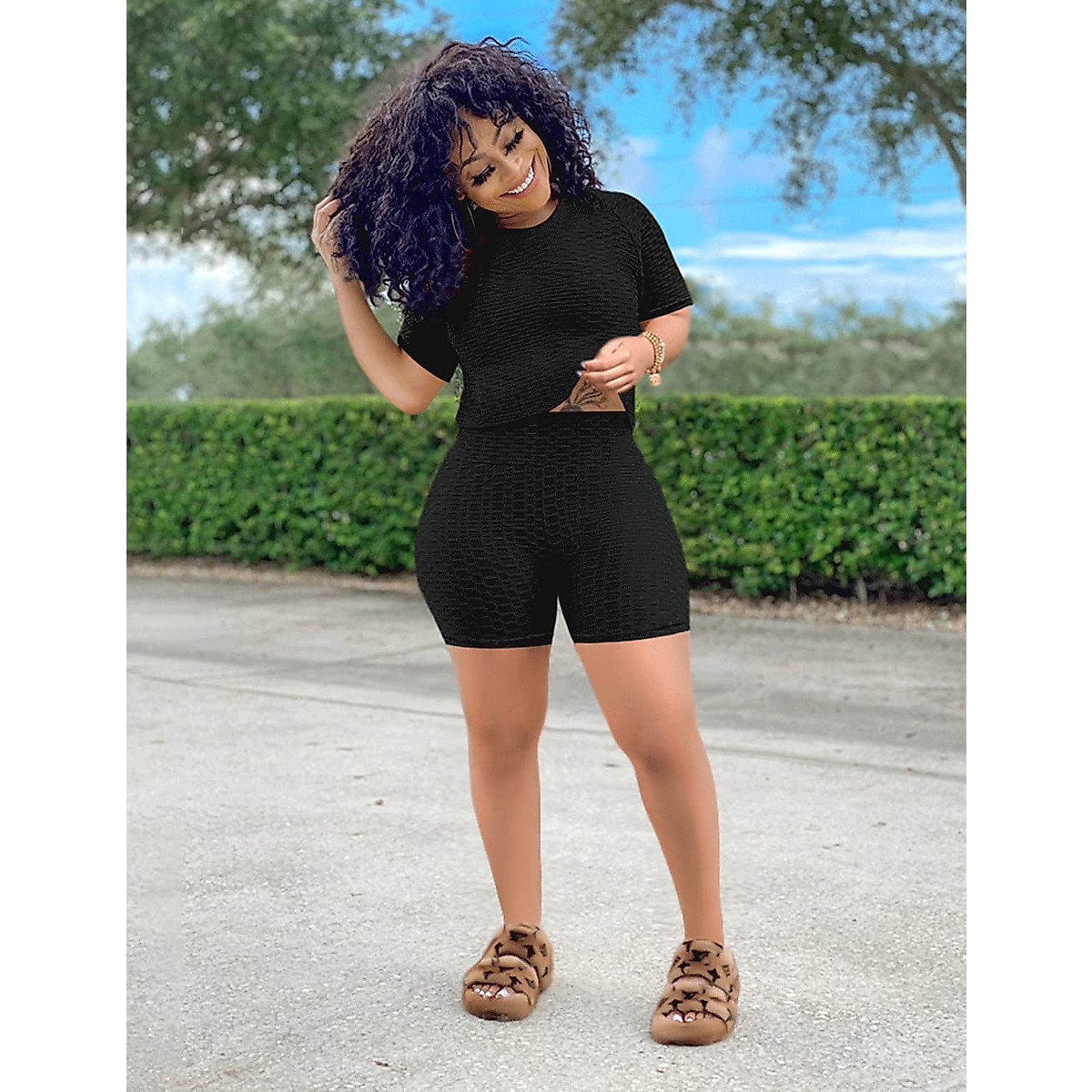 Angsuttc Summer Outfits for Women, Textured Track Suits Short Sleeve Tops Biker Shorts Two Piece Workout Set Black L