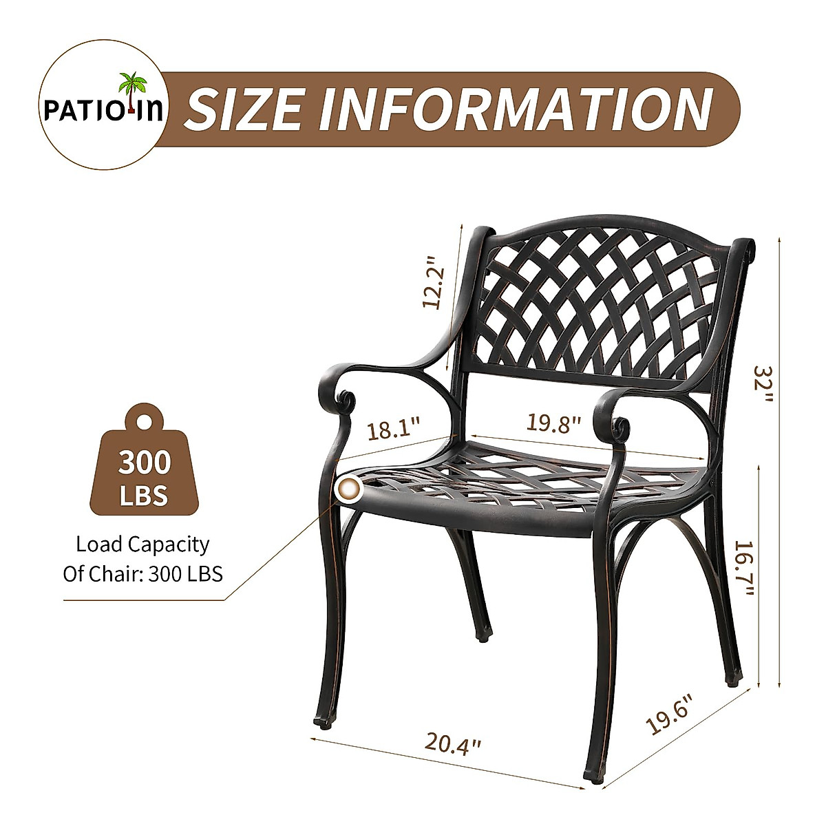 PATIO-IN Cast Aluminum Patio Dining Chairs Set of 2 Outdoor Patio Bistro Chairs with Armrest,Metal Patio Furniture Chair Set for Garden,Patio Chair Bronze