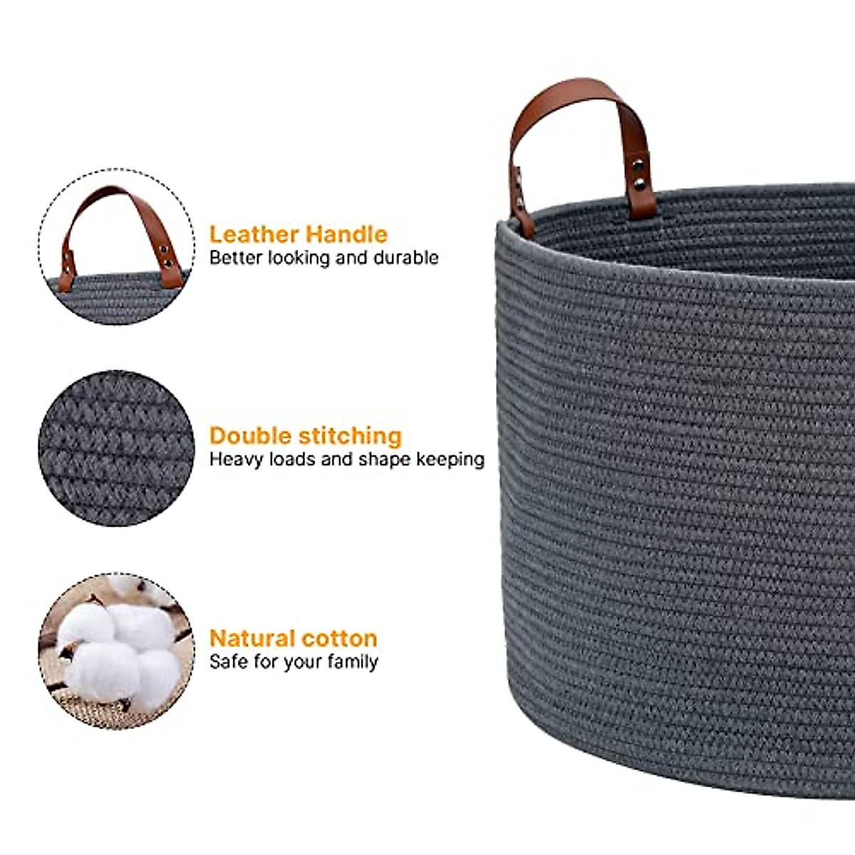 Large Baskets for Storage Cotton Rope Basket Laundry Basket Hamper- Hombins Woven Toy Bin Blanket Holder XXL Grey Collapsible Laundry Basket with Leather Handle, 20"X20"X13"