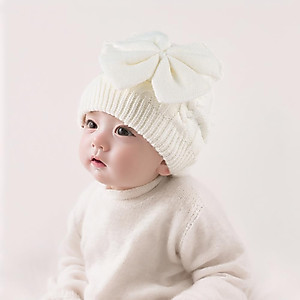 Winter Warm Knitted Baby Hat for Girls Cotton Lined Infant Toddler Girls Hat Autumn Cute Bow Classic Girls Beanie 0-6Y(M,White)