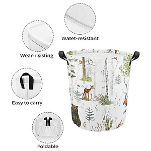 Woodland Animals Laundry Basket,Collapsible Clothes Hamper Waterproof Forest Fox Bear Deer Storage Basket with Handle Kids Room Jungle Deer Laundry Hamper with Drawstring