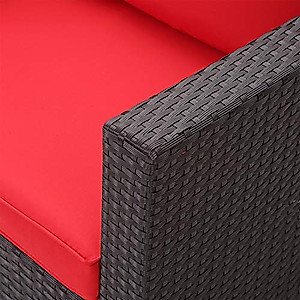 Patio Sofa Furniture Sets 5 Piece, Outdoor PE Wicker Rattan Conversation Sofa Set with Coffee Table, Wine Red (Black Rattan)