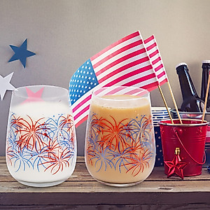 Whaline 2Pcs Patriotic Stemless Wine Glasses 17oz Red Blue Firework Drinking Glasses Firework Tumbler Cups Independence Day Party Cups for Celebration 4th of July Party Supplies Kitchen Decor Gifts