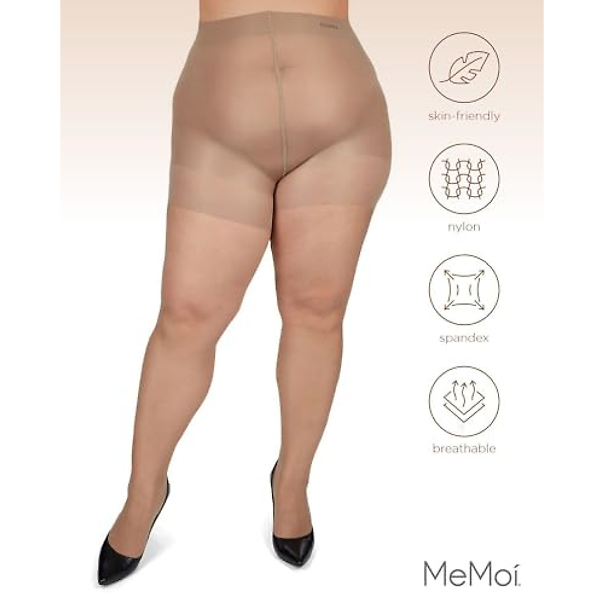 MeMoi Plus Size Curvy Silky Sheer Control Top Pantyhose City Beige 7X