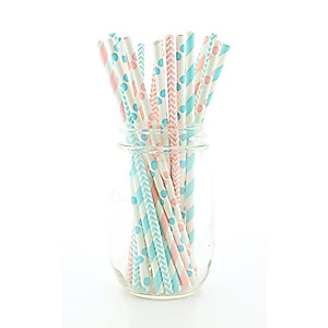 Boy/Girl Baby Shower Straws, Pink & Blue Paper Straws (50 Pack) - Twins or Unisex Straws, Barbershop Striped Straws, Baby Shower Party Favors