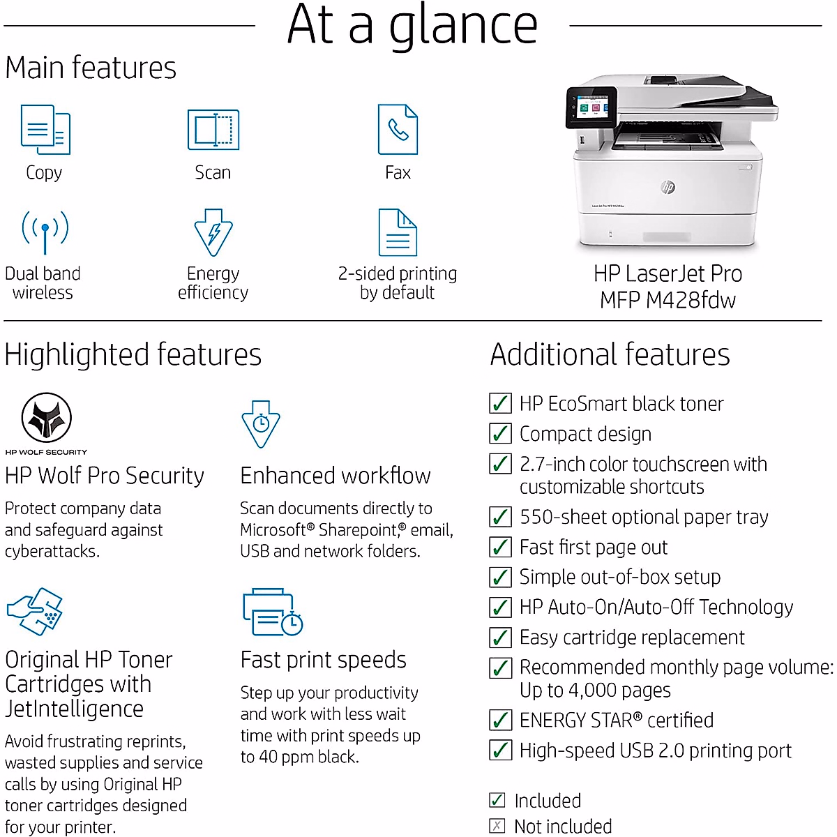 HP Laserjet Pro MFP M428fdw All-in-One Wireless Monochrome Laser Printer, White - Print Scan Copy Fax - 40 ppm, 1200 x 1200 dpi, Auto Duplex Printing, 50-Sheet ADF, Ethernet, Cbmoun Printer_Cable