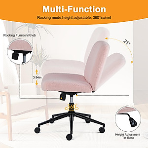 Criss Cross Legged Chair with Wheels, Home Office Desk Chair Wide Seat Fabric Armless Height Adjustable 360° Swivel Chair for Vanity/Work, Faux Fur Pink
