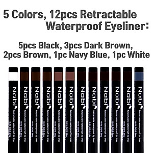 12pcs, 5 Colors, Nabi Retractable Waterproof Eye Liner, Roll It Up Eye Liner Pencil, Long Lasting Fade Resistant (Black, Dark Brown, Brown, Navy Blue, White)