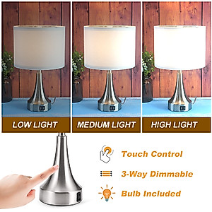 AMUV Lamps for Bedrooms Set of 2,Bedside Lamps Set of 2 with 2 USB Ports & AC Outlet,3-Way Dimmable Touch Nightstand Lamps Set of 2 for Living Room Office, White Fabric Shade,2700K Bulb Included