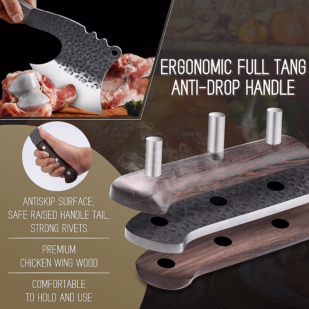 Handmade Meat Bone Cleaver Knife, Hand Forged Butcher Knife Axe, Heavy Duty Full Tang Bone Chopper Axe For Kitchen Outdoor BBQ, High C