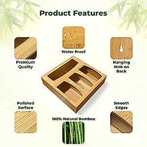 Walmax Bamboo Ziplock Bag Organizer - 12 x 3 x 12 Inches Plastic Bag Organizer - 4 compartments Ziplock Bag Storage Organizer for Kitchen Drawer