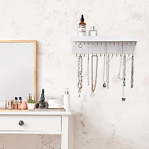 CCINPPY Necklace Holder Wall, Jewelry Holder Organizer Wall with 30 Jewelry Hooks and Shelf, Wooden Hanging Necklace Hanger Organizer Wall Mount for Necklaces Bracelets, and Chains White