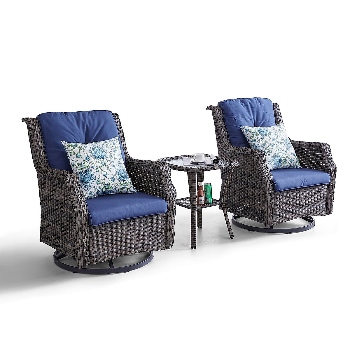 AOGROD Outdoor Swivel Rocker Patio Chairs Set, Wicker Rattan Glider Rocking Chairs Cushioned Seats, High Back and Deep Seating with Matching Side Table for Garden, Porch Deck or Backyard
