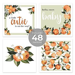 Little Cutie Baby Shower Beverage Napkins / 48 Citrus Cocktail Napkins / 4 Adorable Orange Clementine Designs / 4 3/4" x 4 3/4" Party 3 Ply Napkin Set/Made In The USA