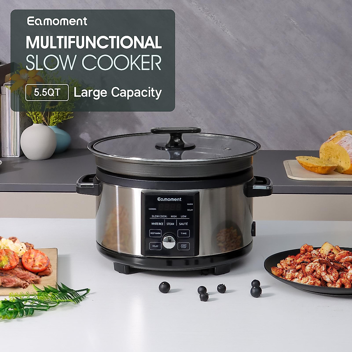 Eamoment 5.5QT Programmable Slow Cooker With Timer,Non Stick Aluminum Alloy Liner.SLOW COOK HIGH/SLOW COOK LOW/WHITE RICE/STEAM/SAUTE/WARM/DELAY,and Other Practical Functions